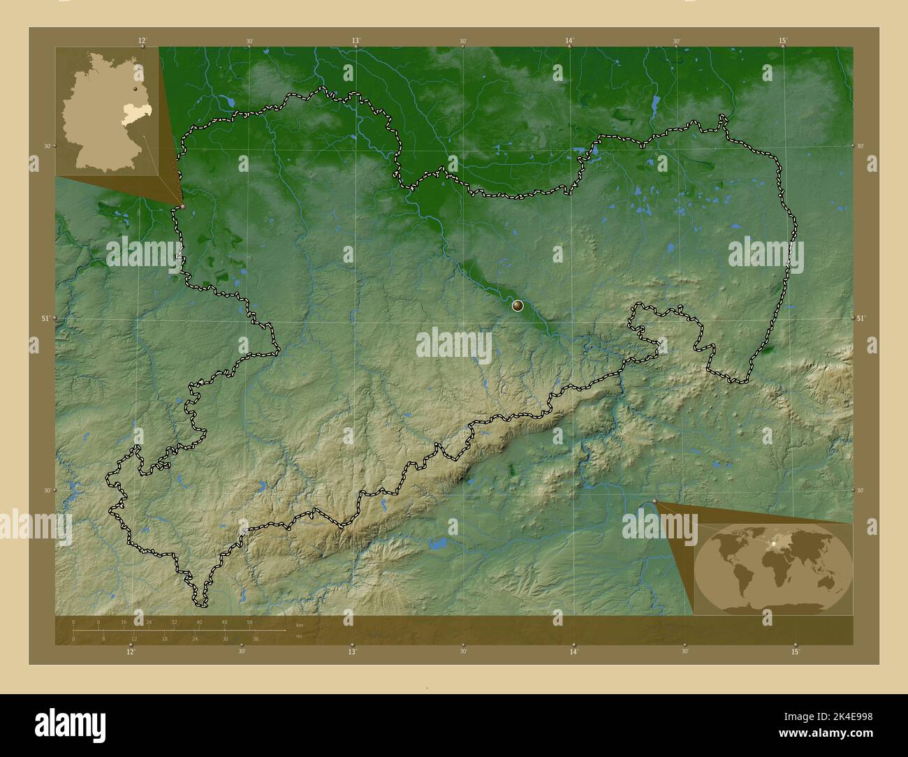 Sachsen, state of Germany. Colored elevation map with lakes and rivers ...