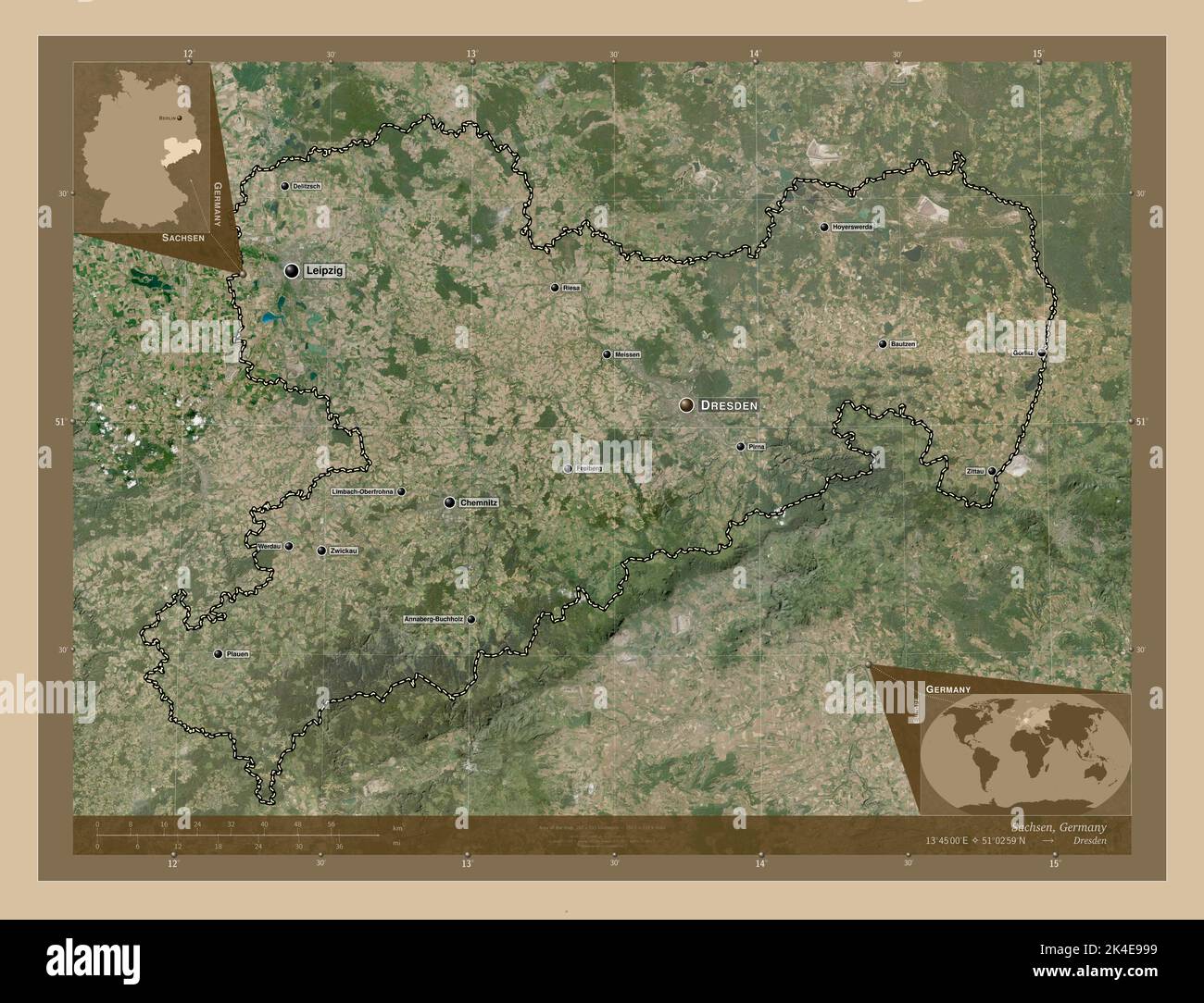 Sachsen, state of Germany. Low resolution satellite map. Locations and ...