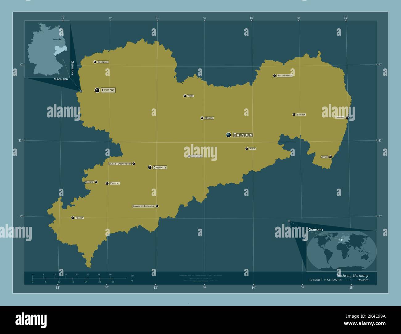 Sachsen, state of Germany. Solid color shape. Locations and names of ...