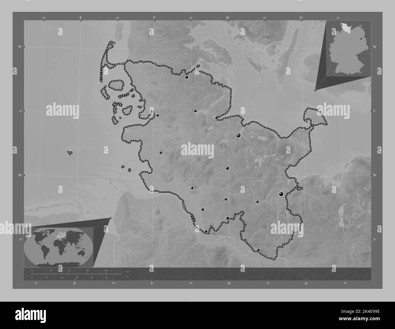 Schleswig-Holstein, state of Germany. Grayscale elevation map with ...