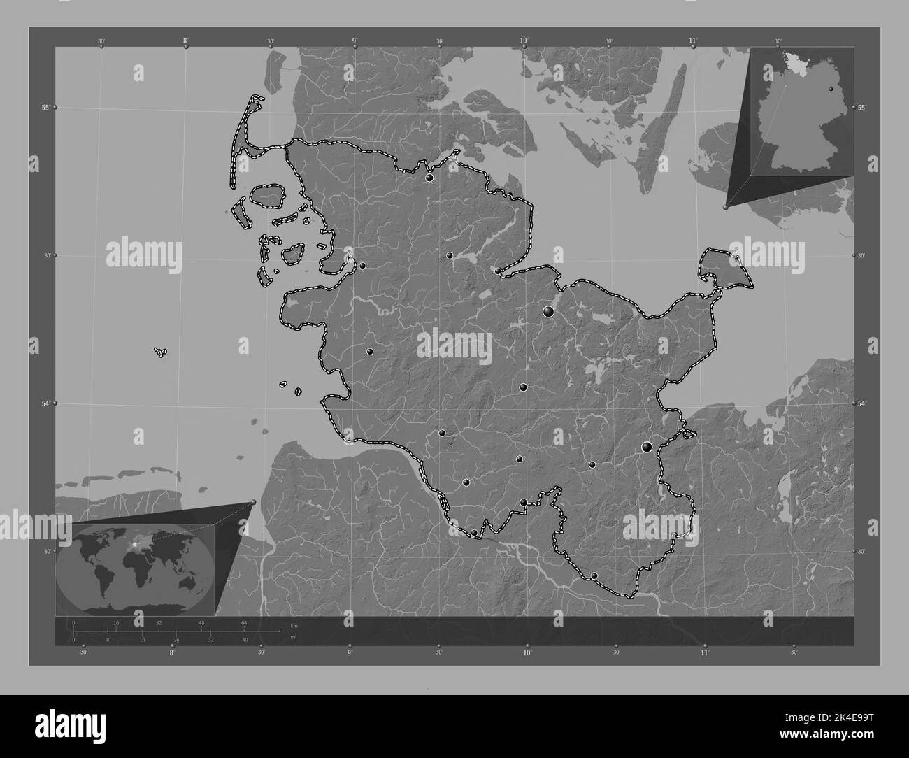 Schleswig-Holstein, state of Germany. Bilevel elevation map with lakes ...