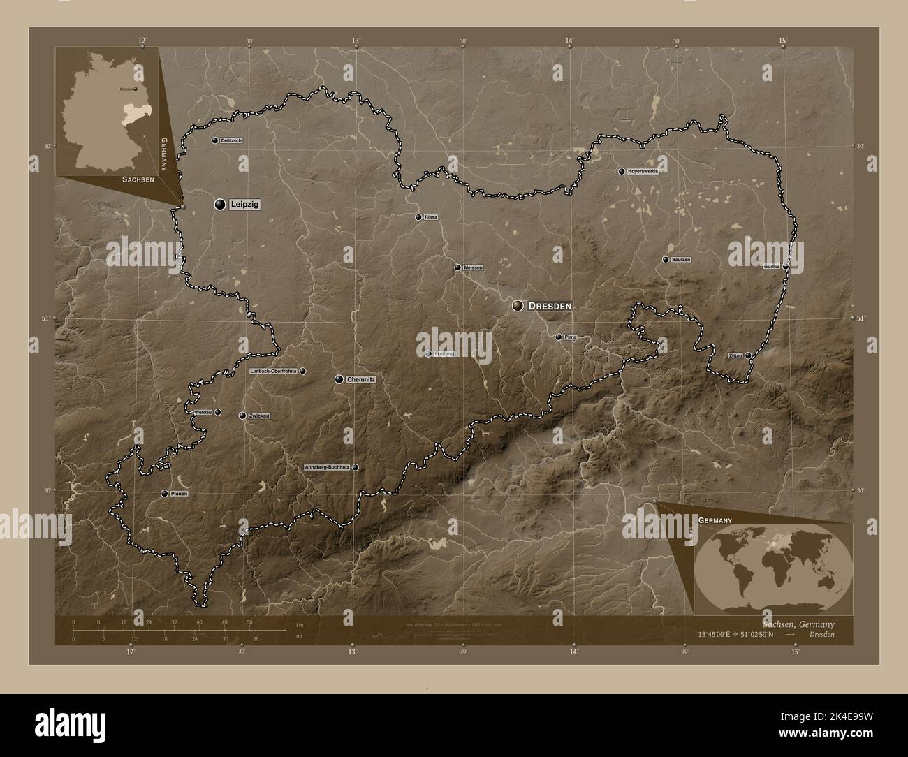Sachsen, state of Germany. Elevation map colored in sepia tones with ...