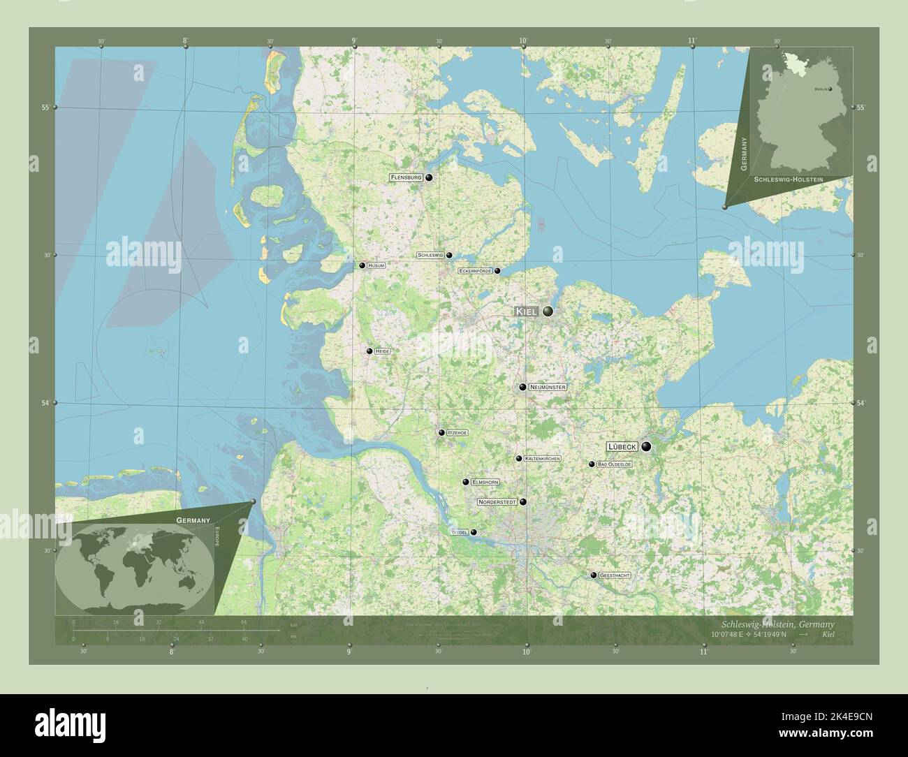 Schleswig-Holstein, state of Germany. Open Street Map. Locations and ...