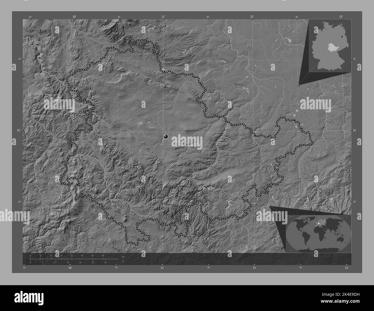 Thuringen, state of Germany. Bilevel elevation map with lakes and rivers. Corner auxiliary ...