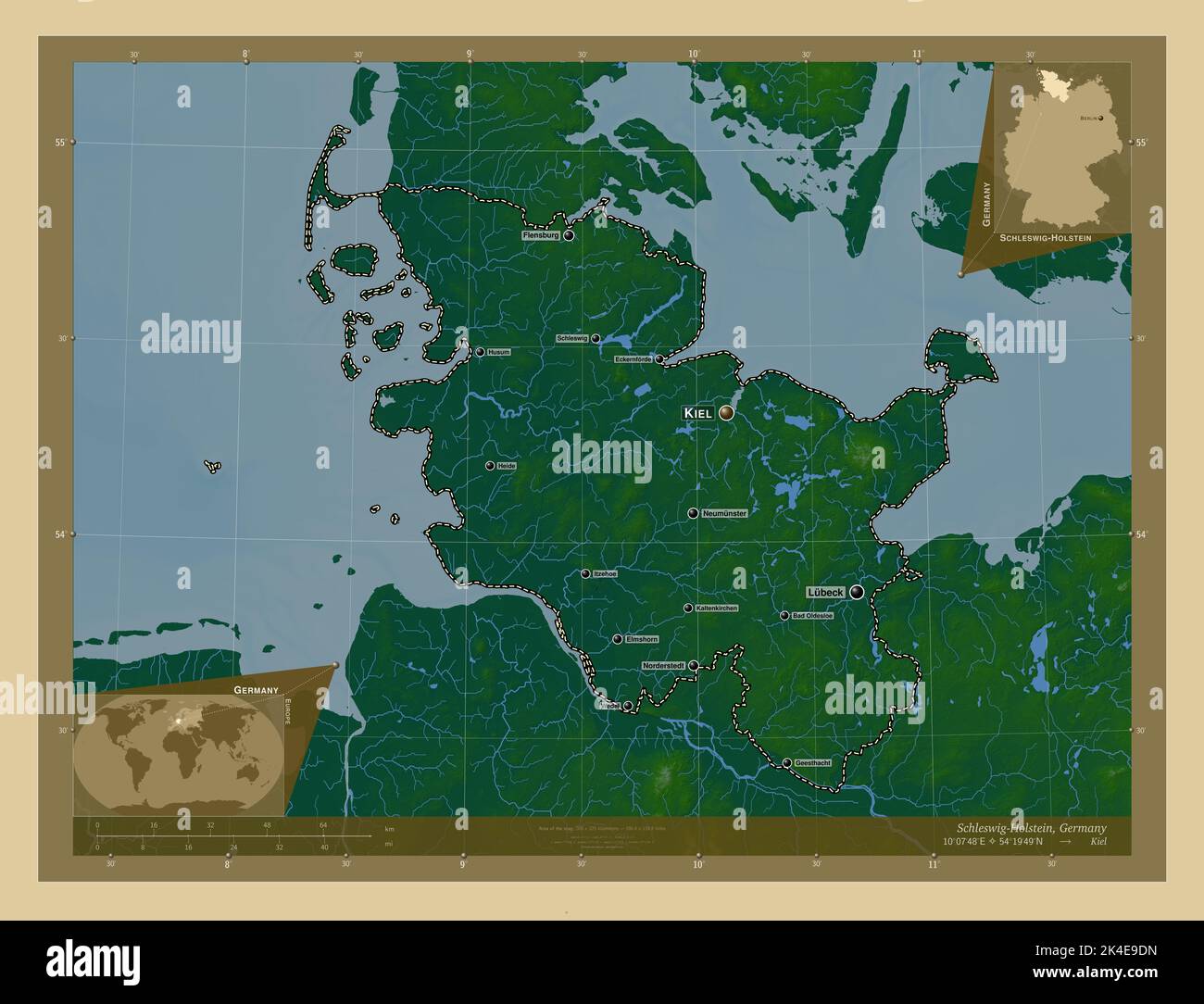Schleswig-Holstein, state of Germany. Colored elevation map with lakes ...