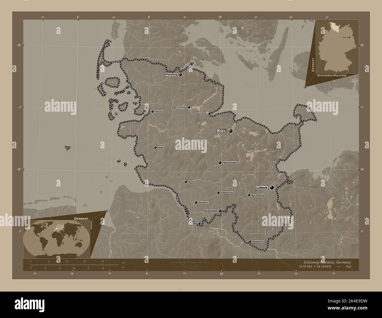 Schleswig-Holstein, state of Germany. Elevation map colored in sepia ...
