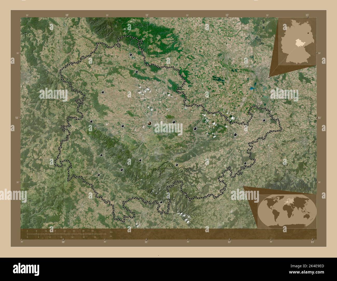 Thuringen, state of Germany. Low resolution satellite map. Locations of major cities of the ...