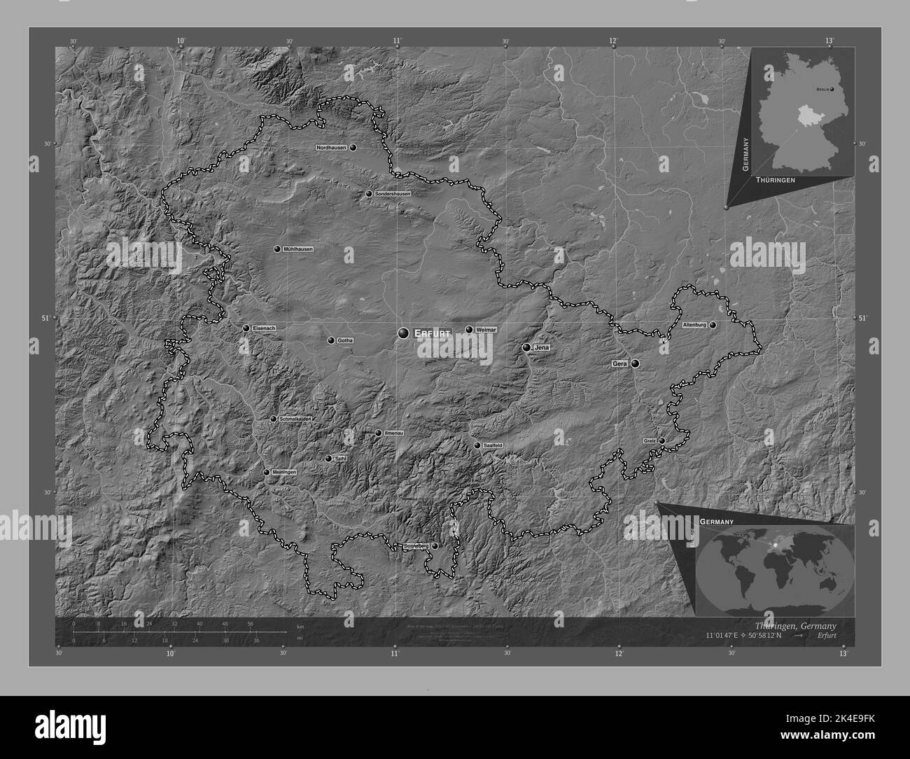 Thuringen, state of Germany. Bilevel elevation map with lakes and ...
