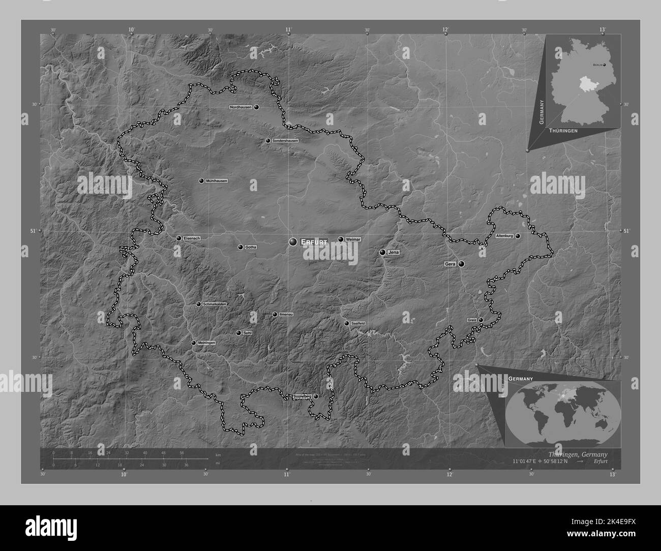 Thuringen, state of Germany. Grayscale elevation map with lakes and ...