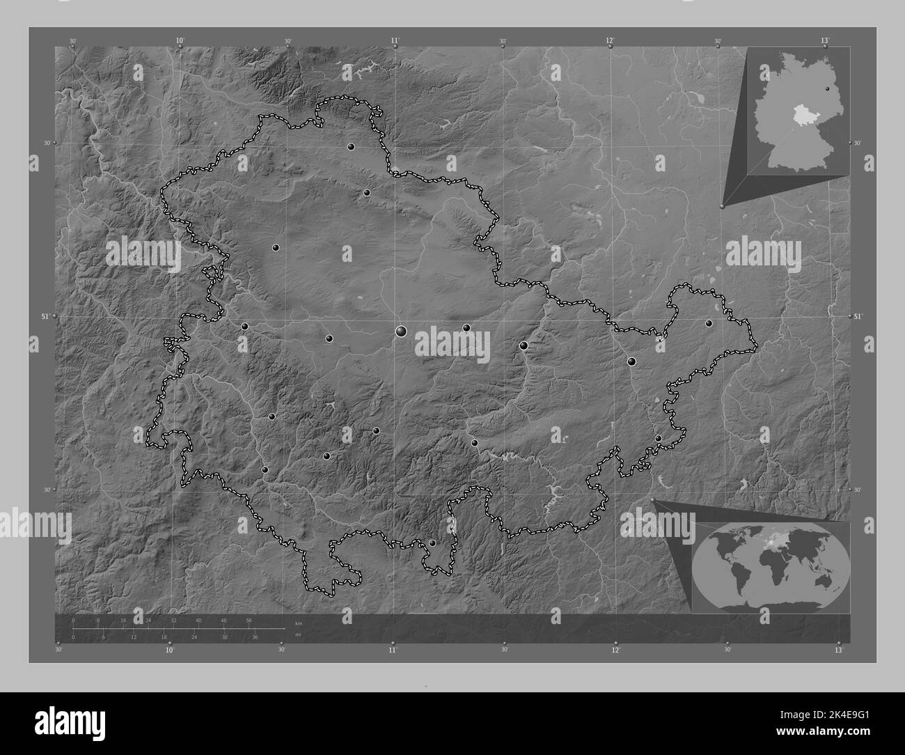 Thuringen, state of Germany. Grayscale elevation map with lakes and ...