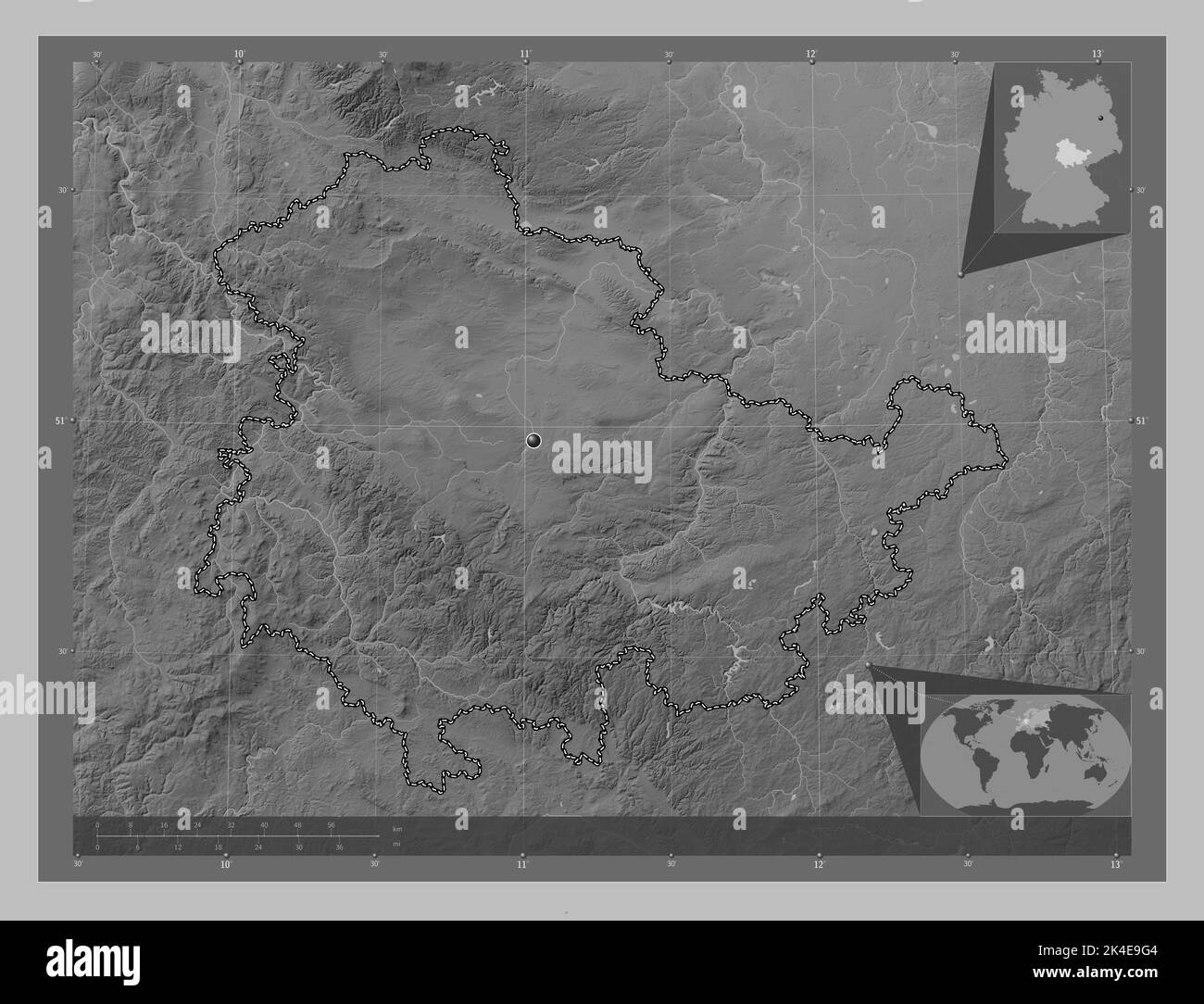 Thuringen, state of Germany. Grayscale elevation map with lakes and ...
