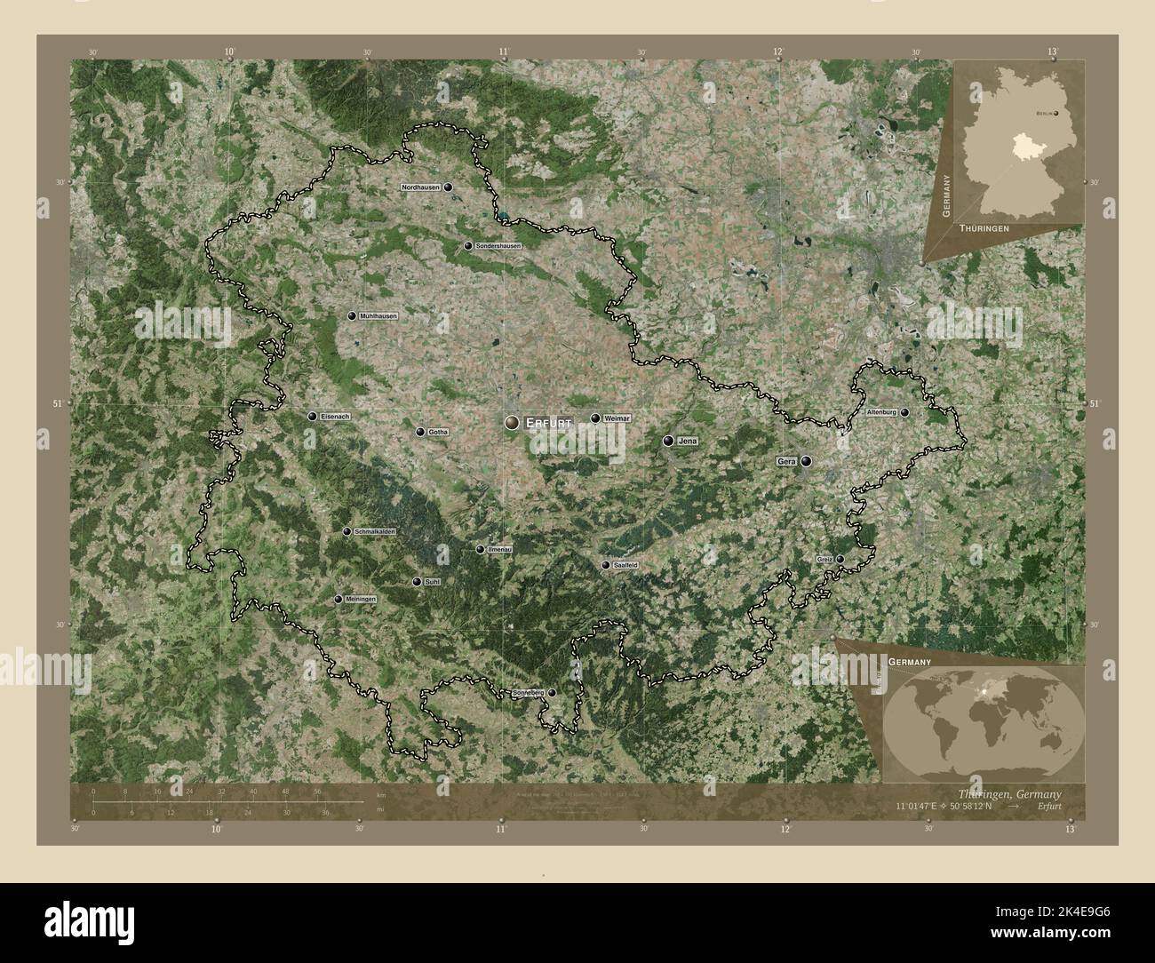 Thuringen, state of Germany. High resolution satellite map. Locations and names of major cities ...
