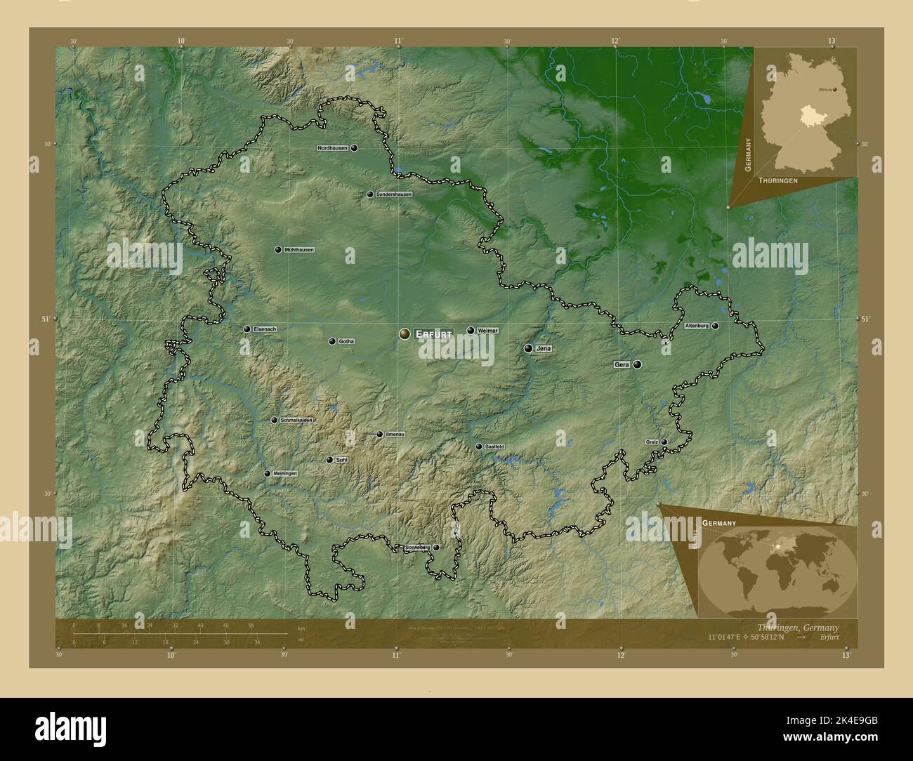 Thuringen, state of Germany. Colored elevation map with lakes and ...
