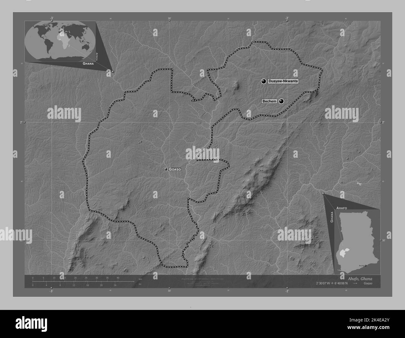 Ahafo, region of Ghana. Grayscale elevation map with lakes and rivers ...