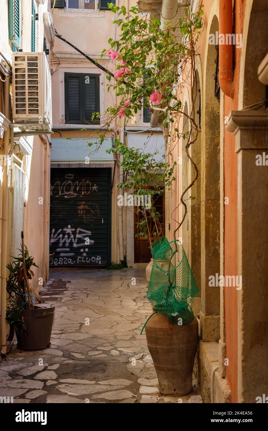 Corfu, Greece. September 02, 2022: A view of a typical narrow street in ...