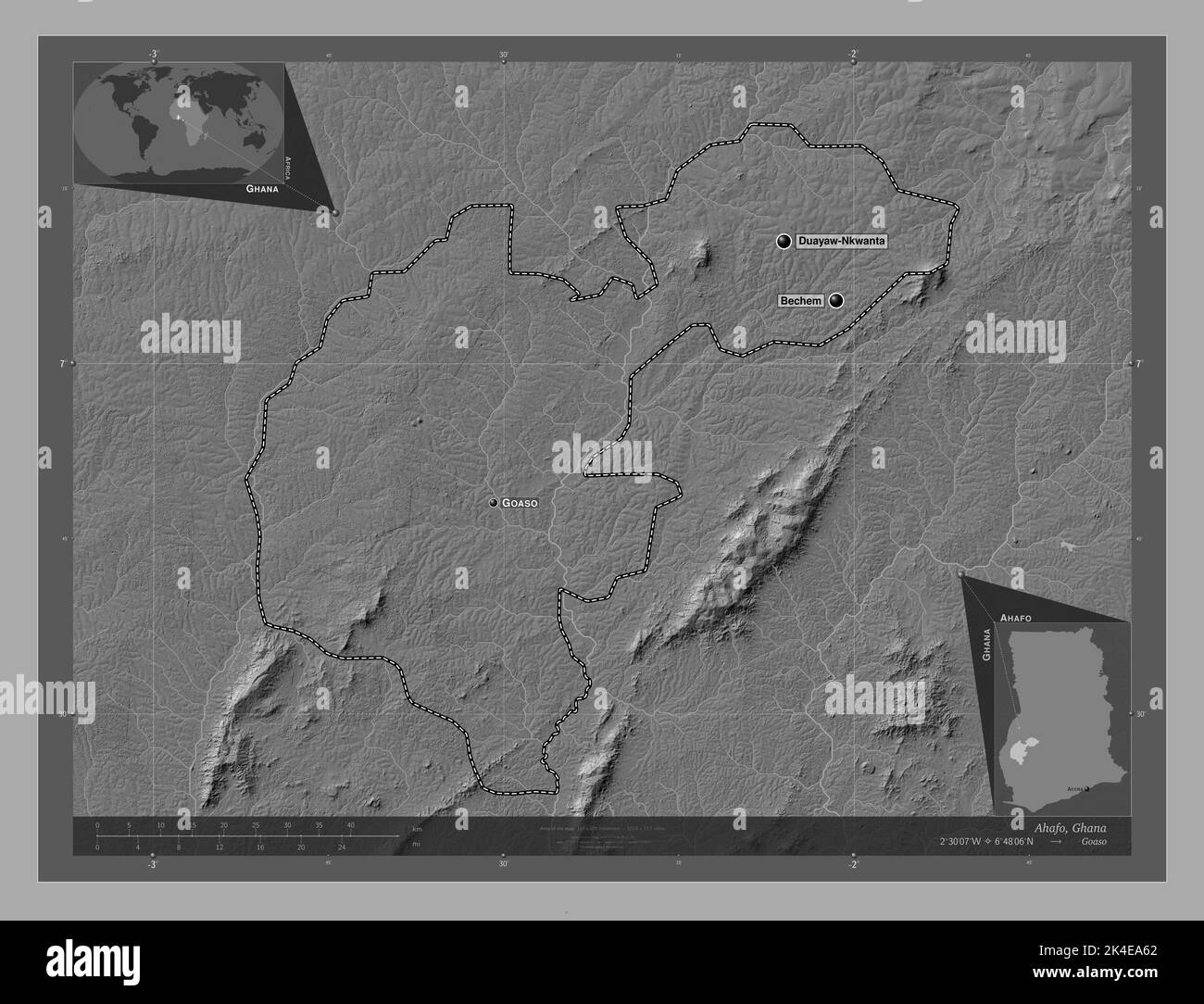 Ahafo, region of Ghana. Bilevel elevation map with lakes and rivers ...