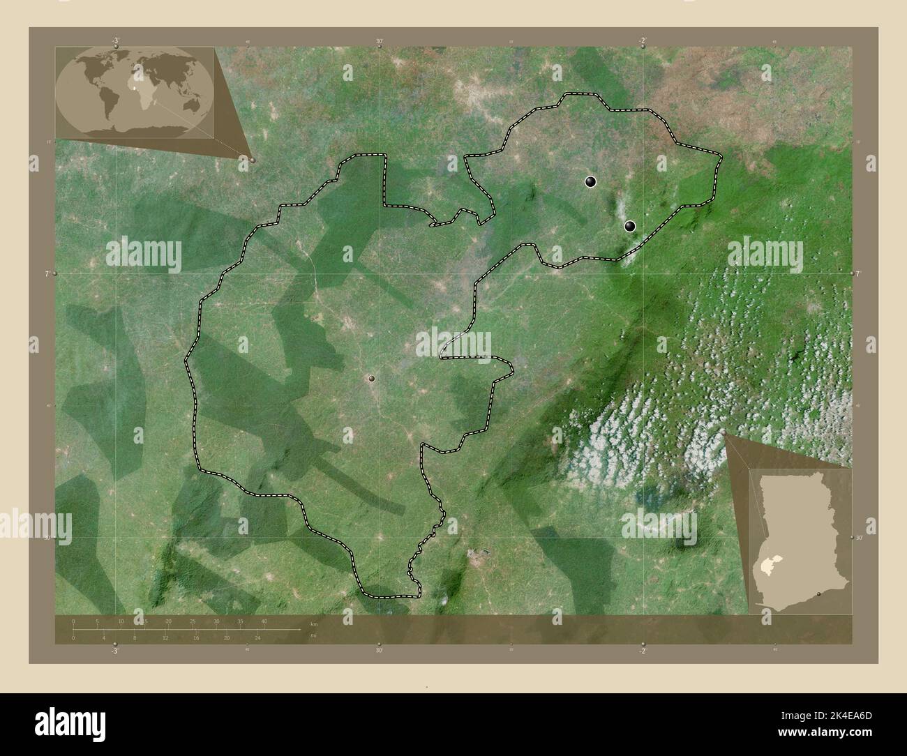 Ahafo, region of Ghana. High resolution satellite map. Locations of ...