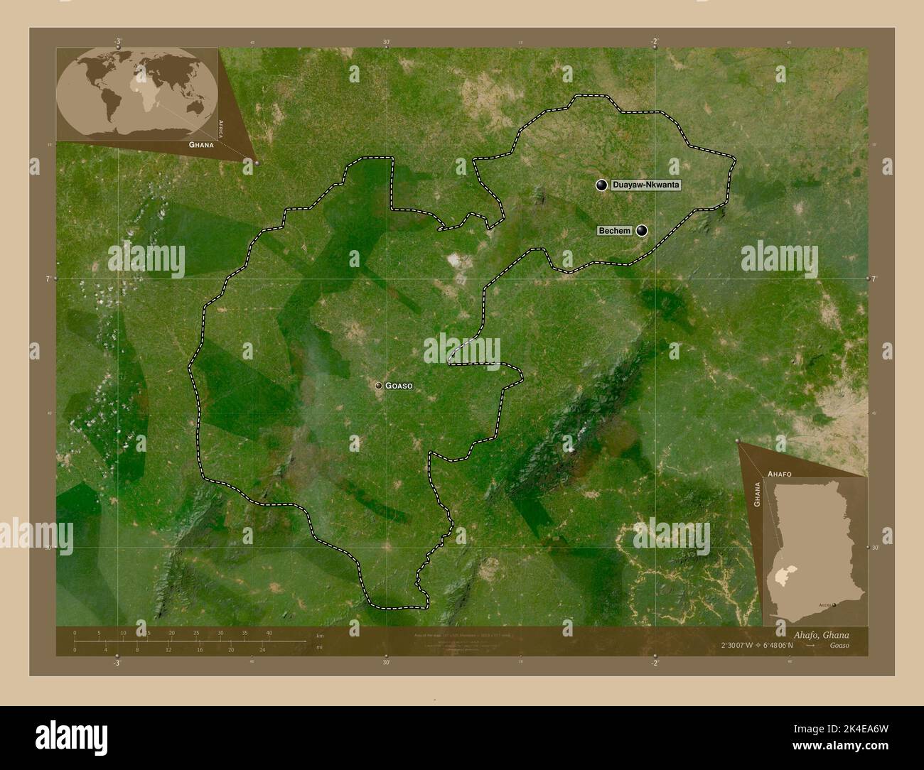 Ahafo, region of Ghana. Low resolution satellite map. Locations and ...