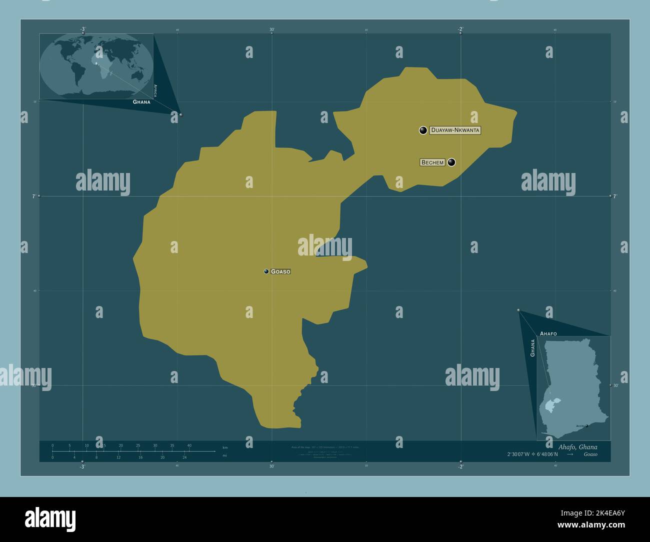 Ahafo, region of Ghana. Solid color shape. Locations and names of major ...