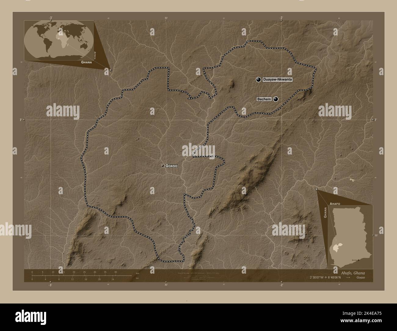 Ahafo, region of Ghana. Elevation map colored in sepia tones with lakes ...