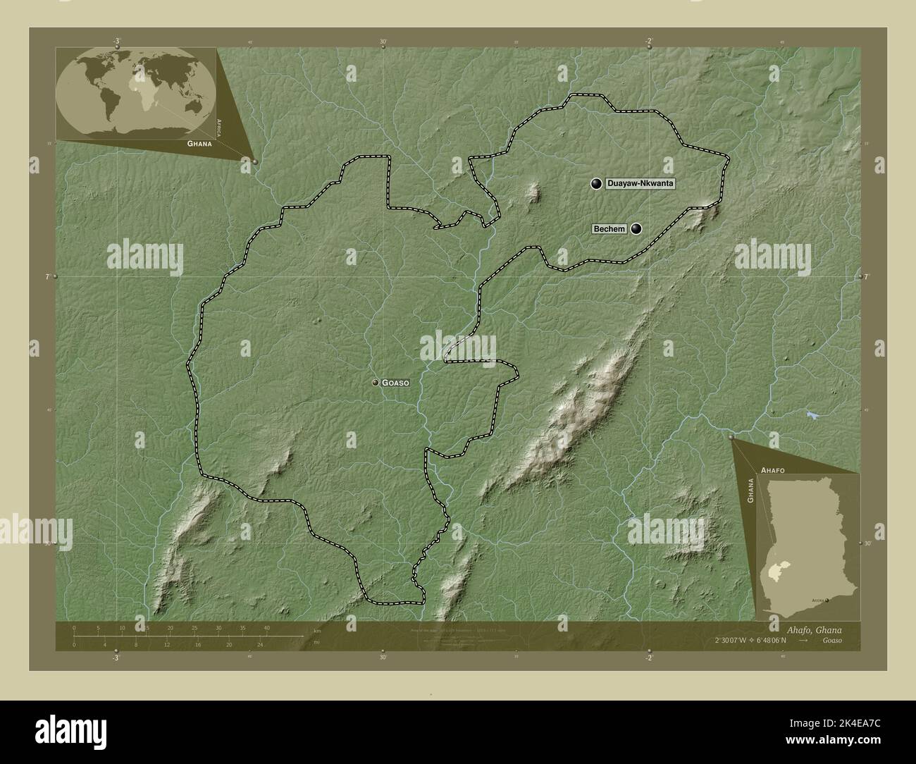 Ahafo, region of Ghana. Elevation map colored in wiki style with lakes ...