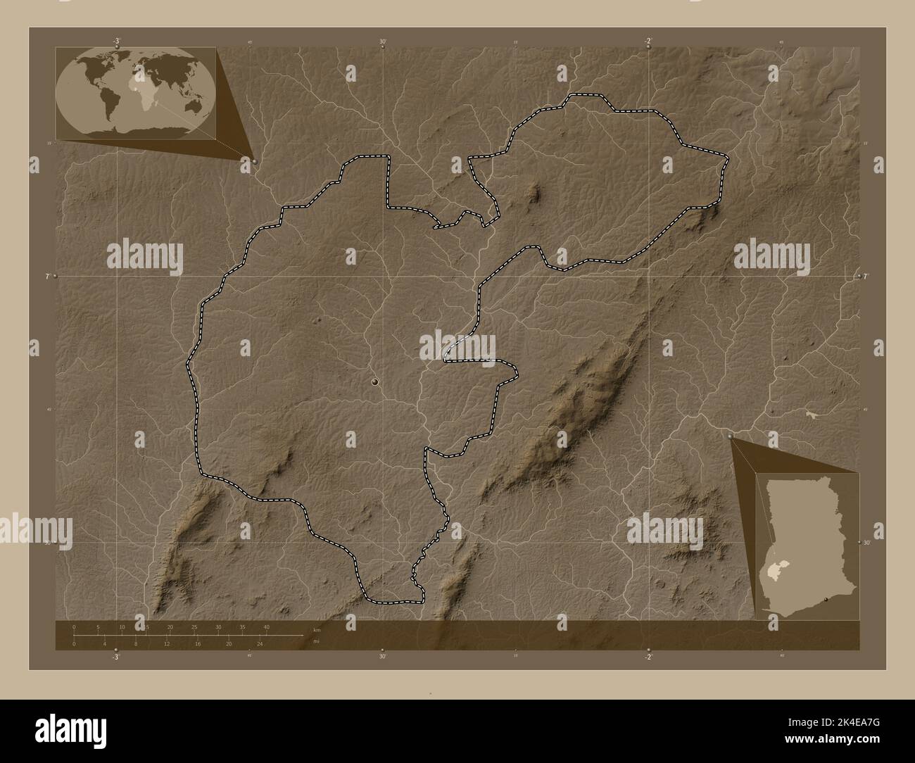 Ahafo, region of Ghana. Elevation map colored in sepia tones with lakes ...