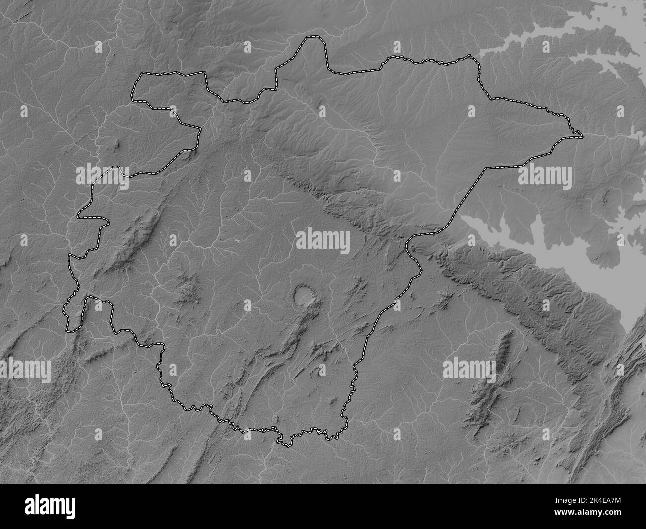 Ashanti, region of Ghana. Grayscale elevation map with lakes and rivers ...
