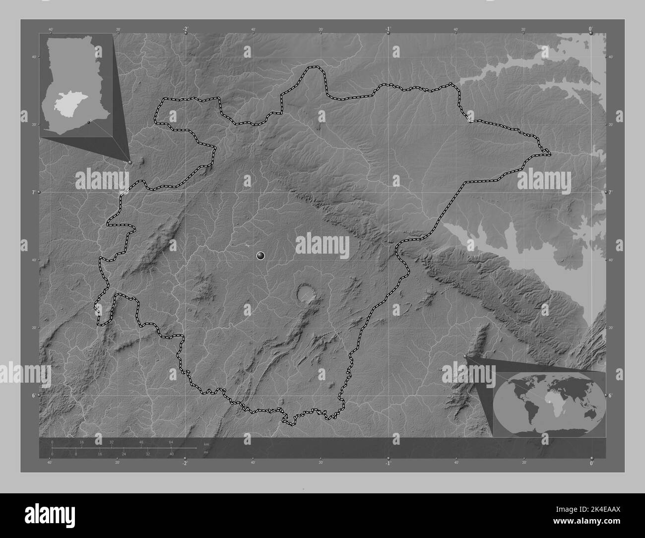 Ashanti, region of Ghana. Grayscale elevation map with lakes and rivers ...