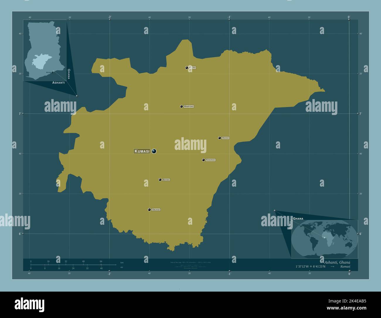 Ashanti, region of Ghana. Solid color shape. Locations and names of ...