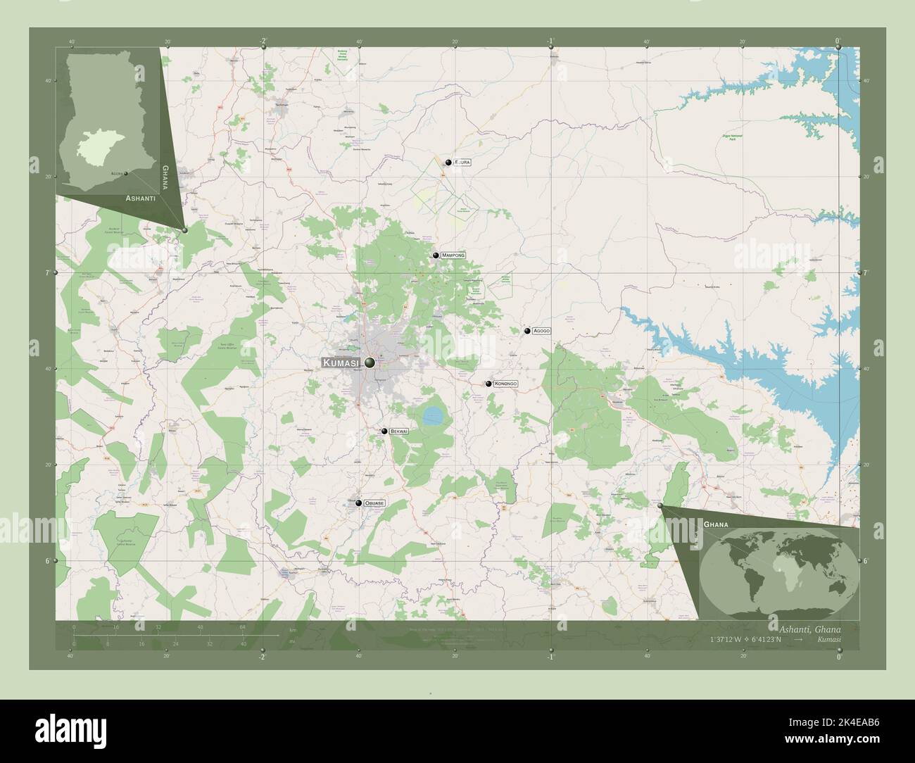 Ashanti, region of Ghana. Open Street Map. Locations and names of major ...