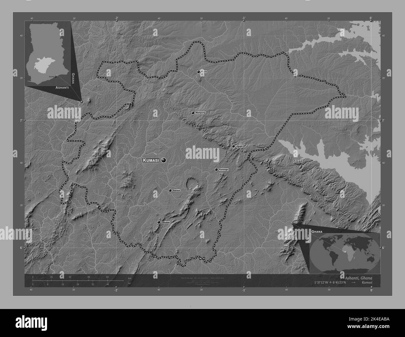 Ashanti, region of Ghana. Bilevel elevation map with lakes and rivers ...