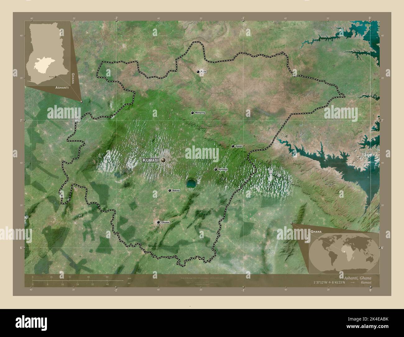 Ashanti, region of Ghana. High resolution satellite map. Locations and ...