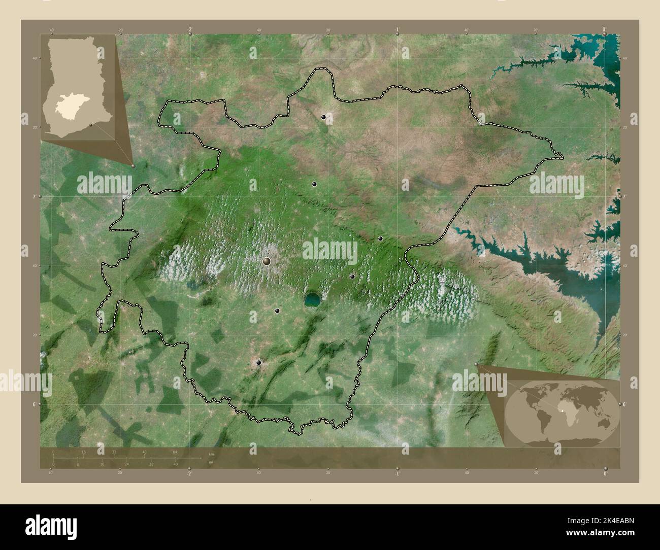 Ashanti, region of Ghana. High resolution satellite map. Locations of ...