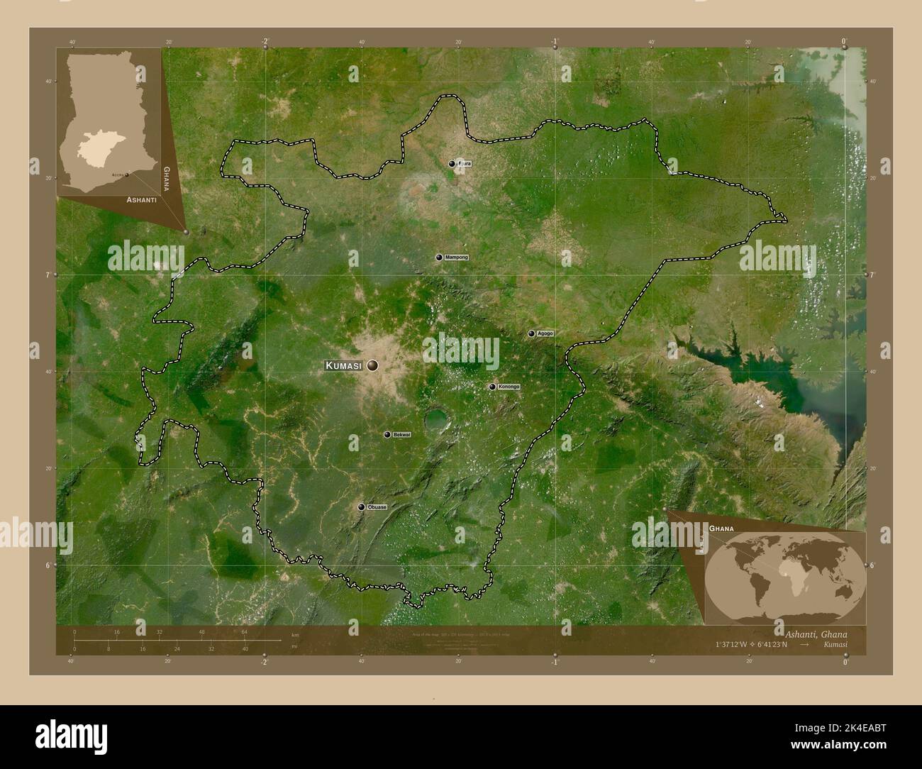 Ashanti, region of Ghana. Low resolution satellite map. Locations and ...