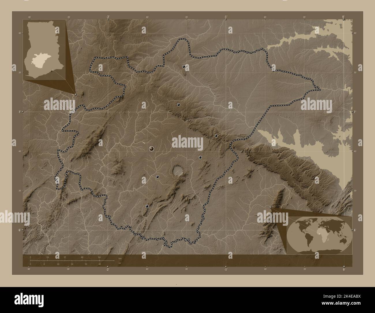 Ashanti, region of Ghana. Elevation map colored in sepia tones with ...