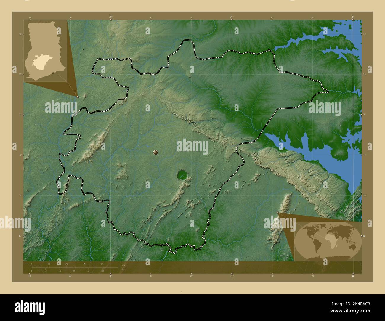 Ashanti, region of Ghana. Colored elevation map with lakes and rivers ...