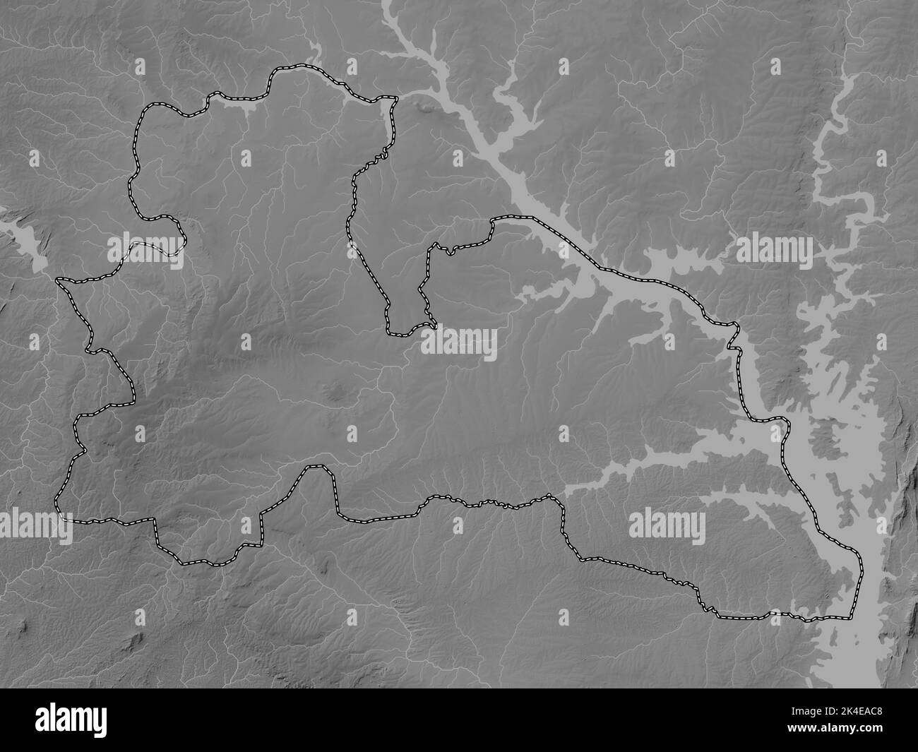 Bono East, region of Ghana. Grayscale elevation map with lakes and ...