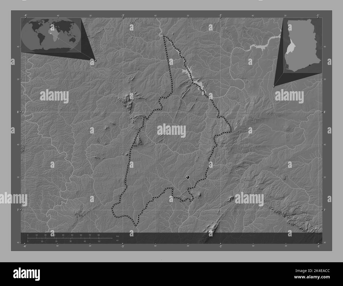 Bono, region of Ghana. Bilevel elevation map with lakes and rivers ...