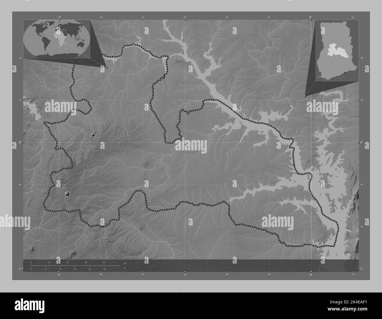 Bono East, region of Ghana. Grayscale elevation map with lakes and ...