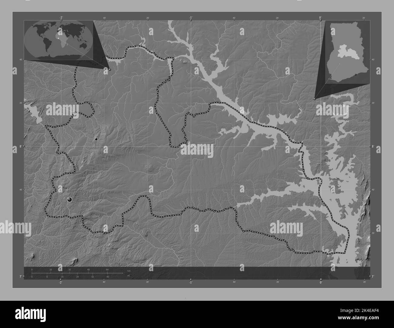 Bono East, region of Ghana. Bilevel elevation map with lakes and rivers ...