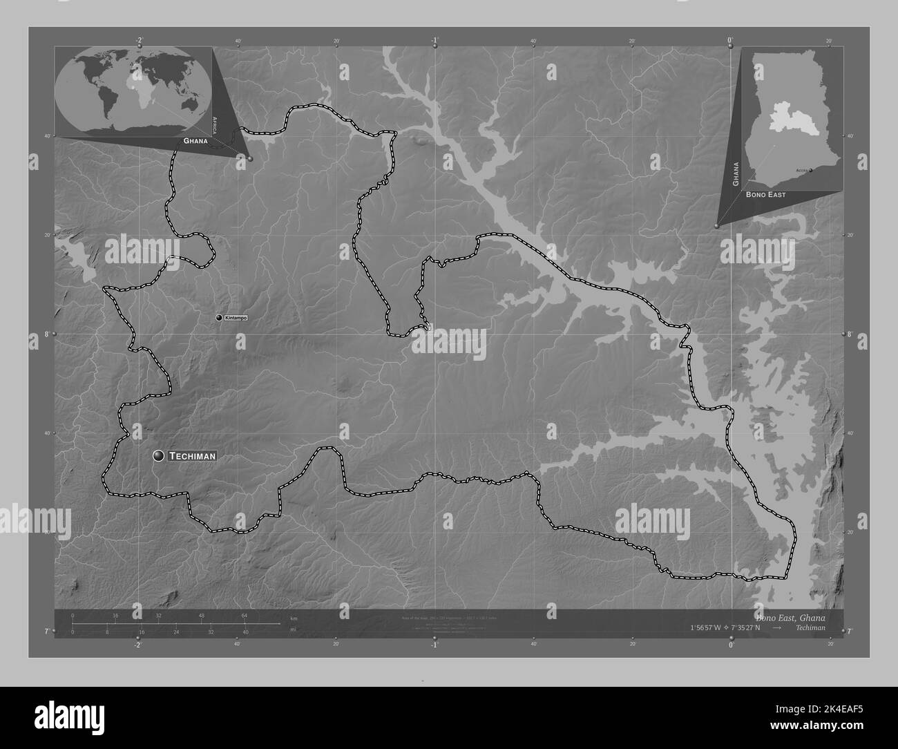 Bono East, region of Ghana. Grayscale elevation map with lakes and ...