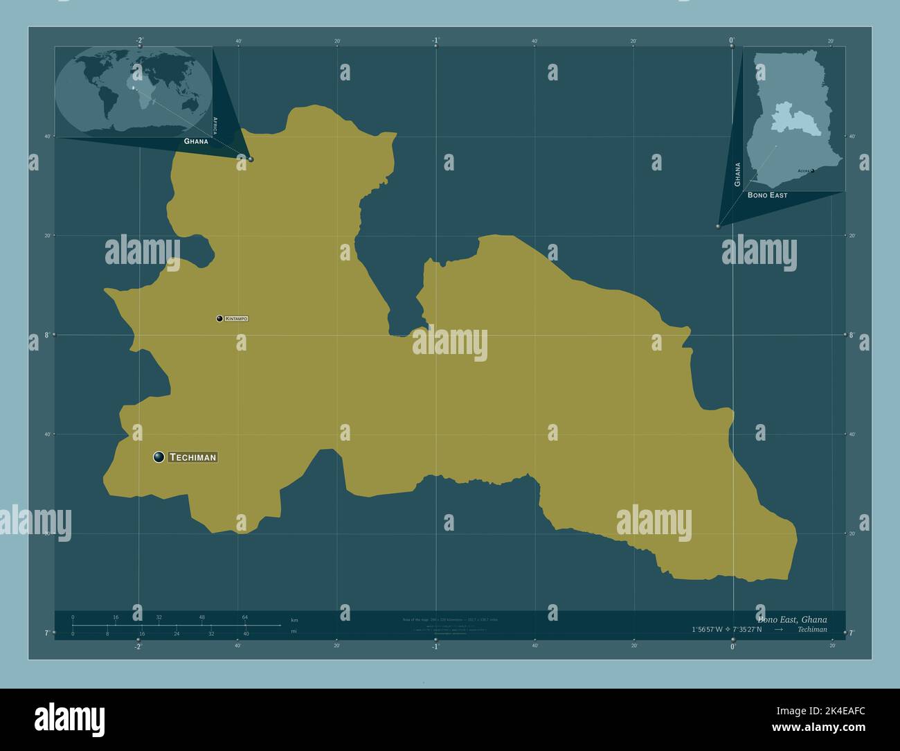 Bono East, region of Ghana. Solid color shape. Locations and names of ...