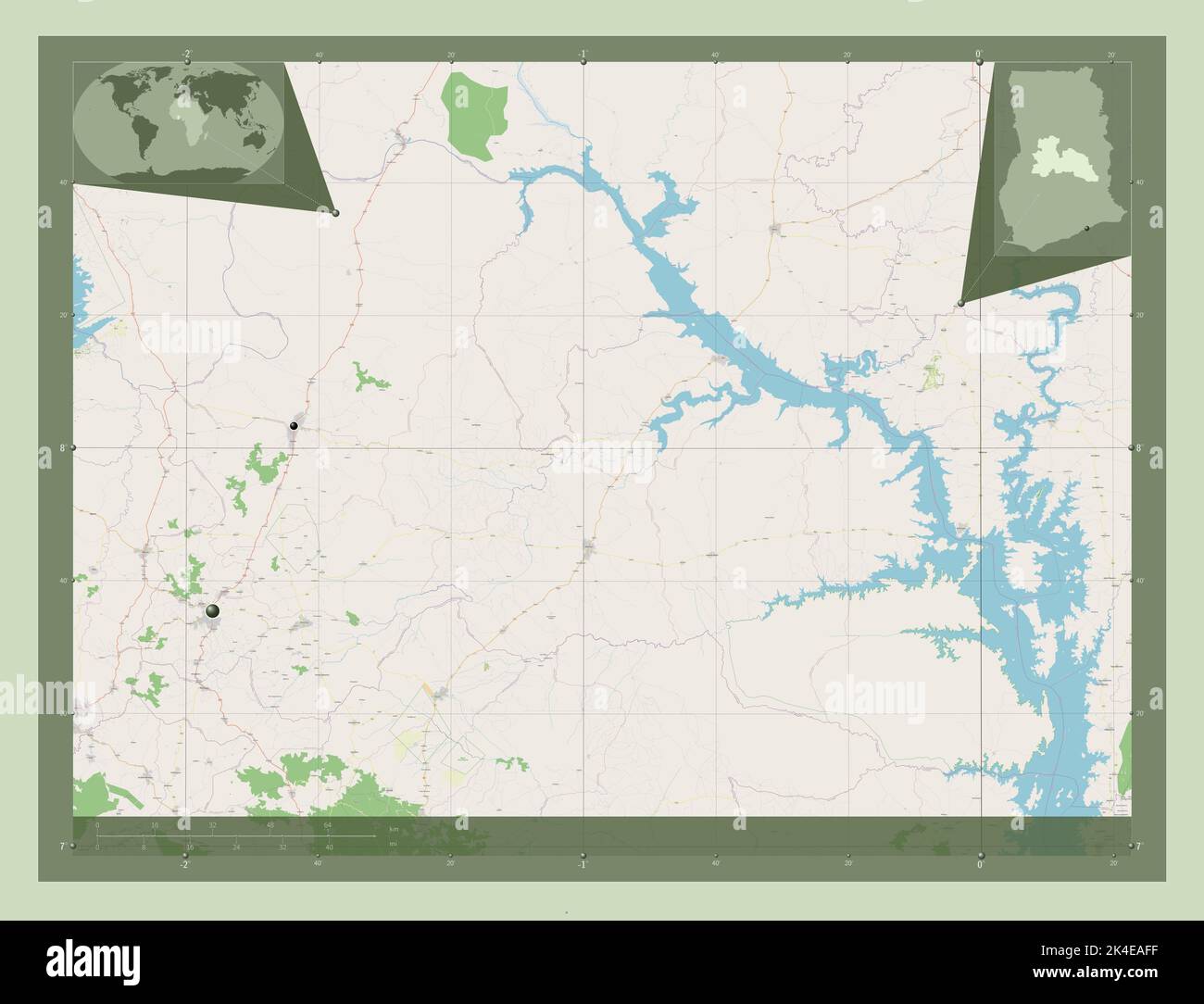 Bono East, region of Ghana. Open Street Map. Locations of major cities ...