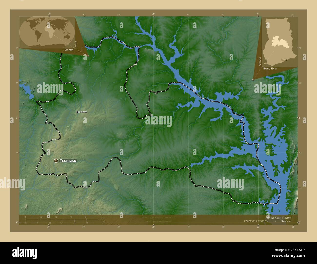 Bono East, region of Ghana. Colored elevation map with lakes and rivers ...