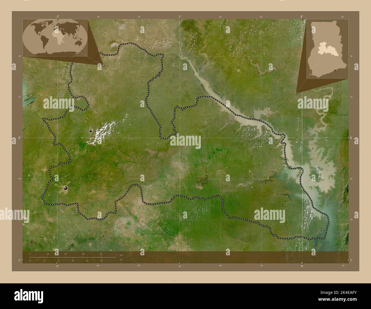 Bono East, region of Ghana. Low resolution satellite map. Locations of ...