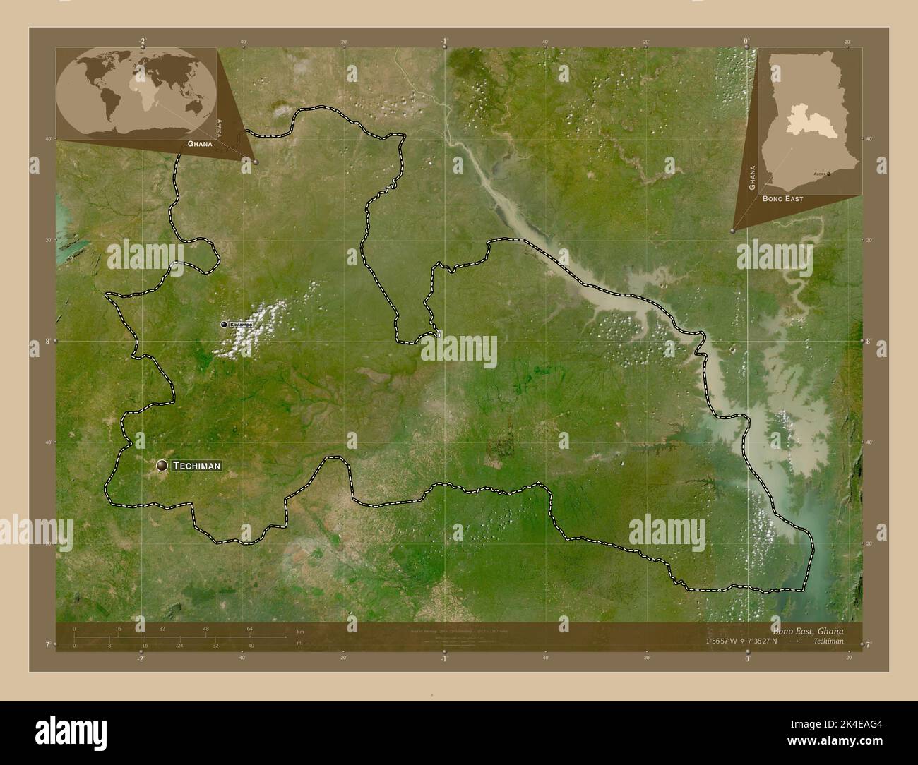 Bono East, region of Ghana. Low resolution satellite map. Locations and ...