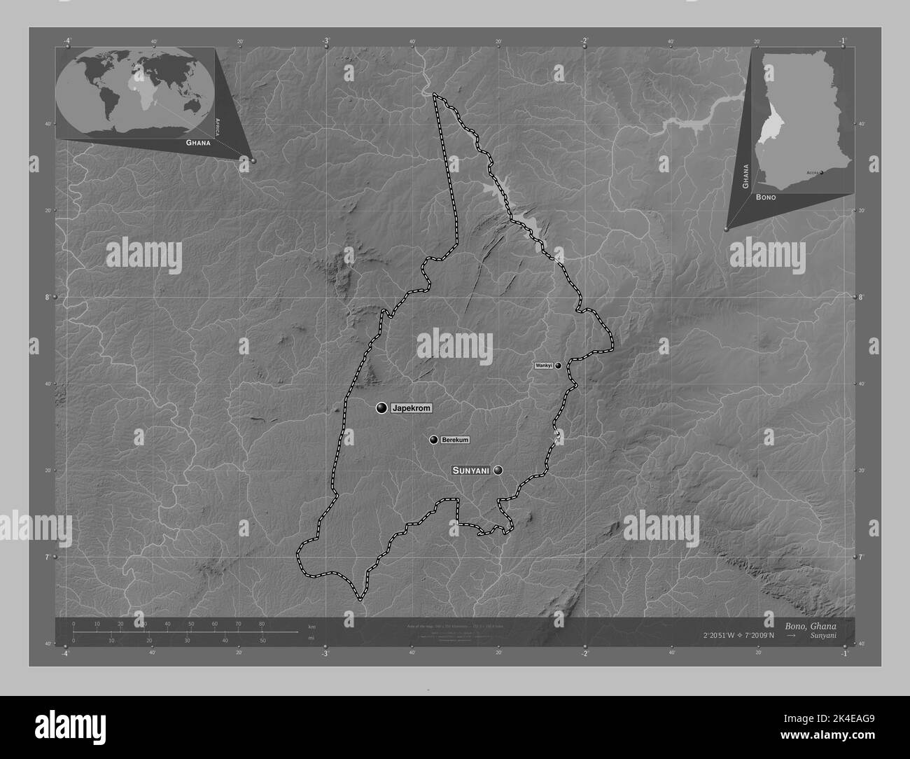 Bono, region of Ghana. Grayscale elevation map with lakes and rivers ...