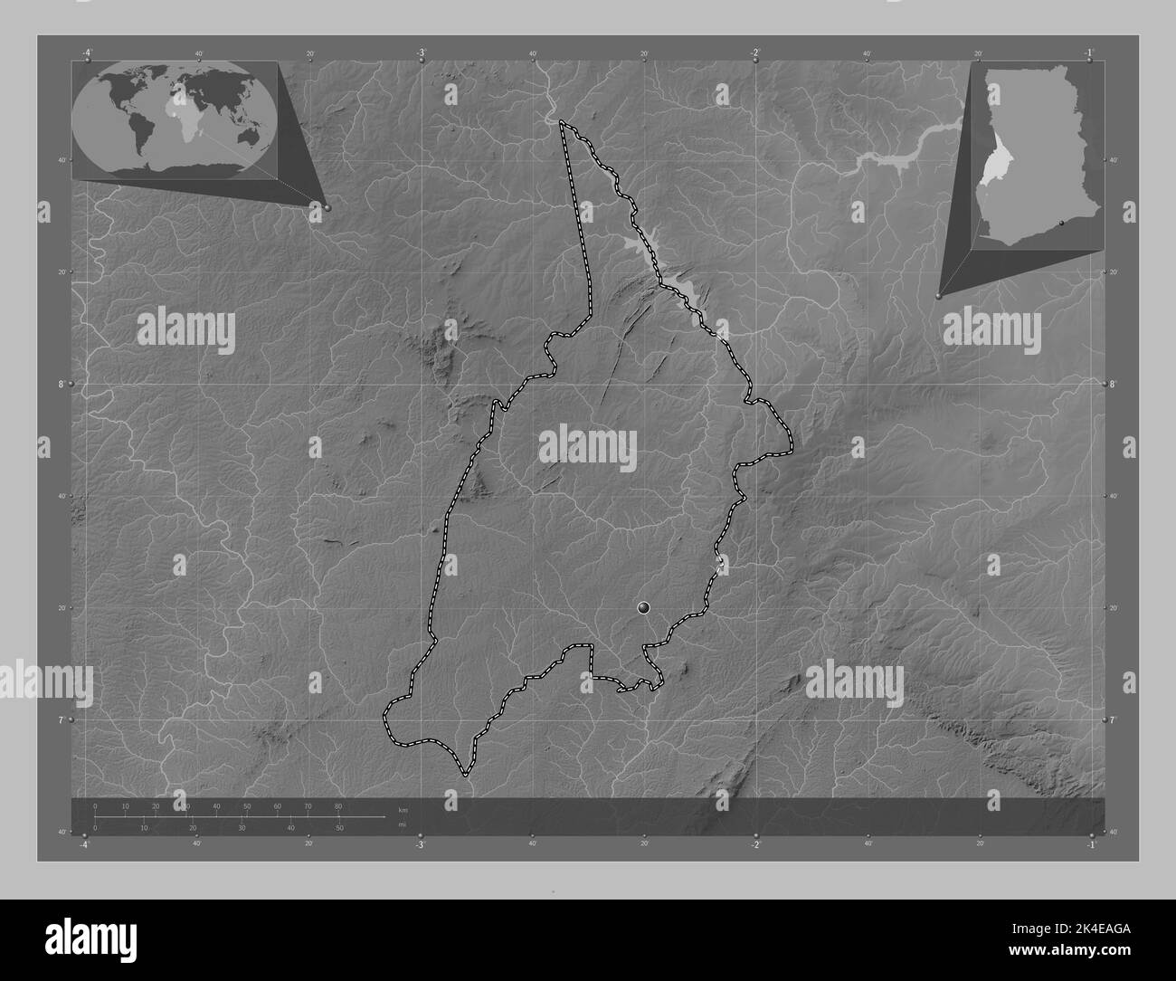 Bono, region of Ghana. Grayscale elevation map with lakes and rivers ...