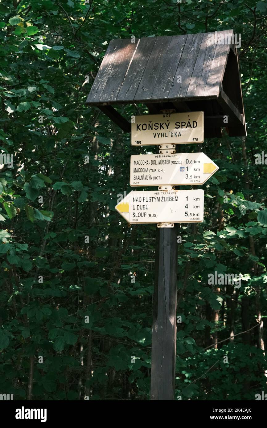 A vertical closeup of direction signs in a green park in the Czech ...