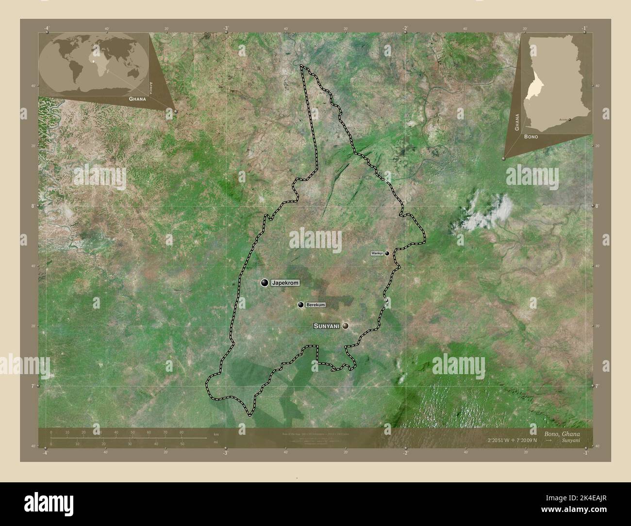 Bono, region of Ghana. High resolution satellite map. Locations and ...